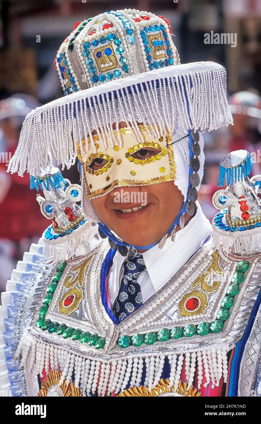 Man wearing traditional costume, Copacabana, Titicaca Lake, Bolivia ...