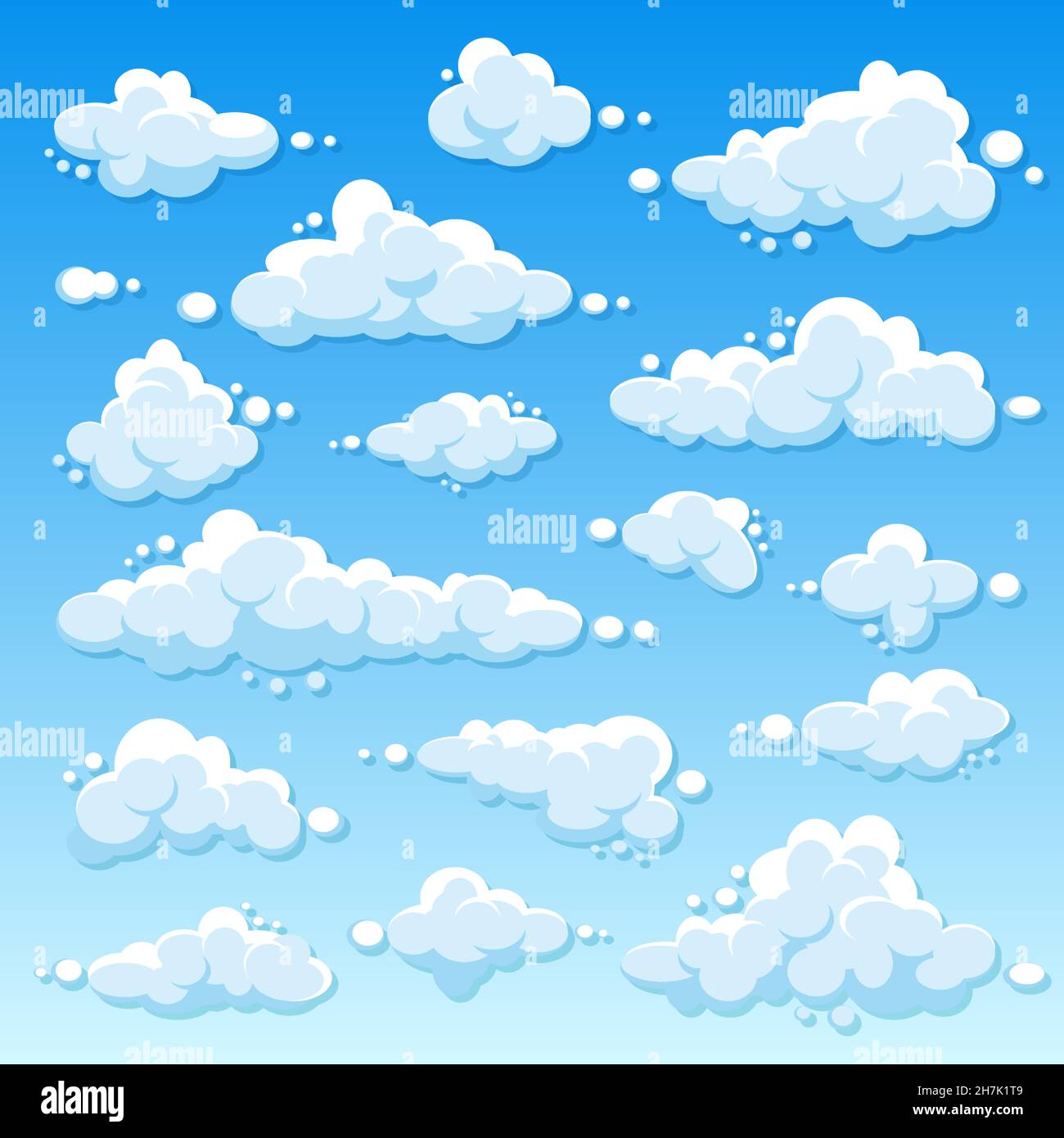 Various round clouds with shadow on blue gradient background. Summer ...