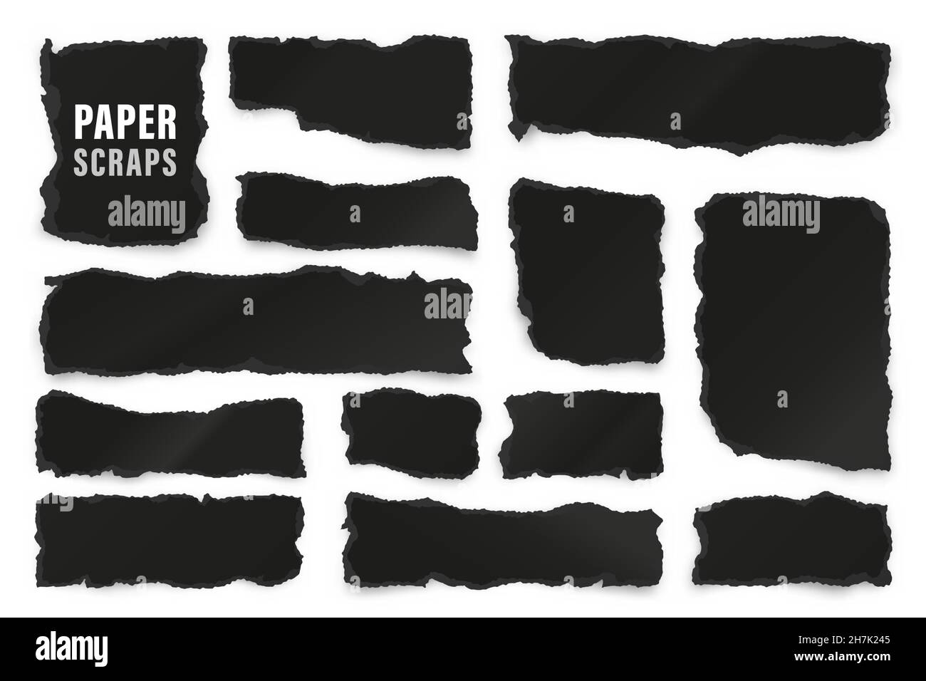 Ripped black paper strips. Realistic crumpled paper scraps with torn ...