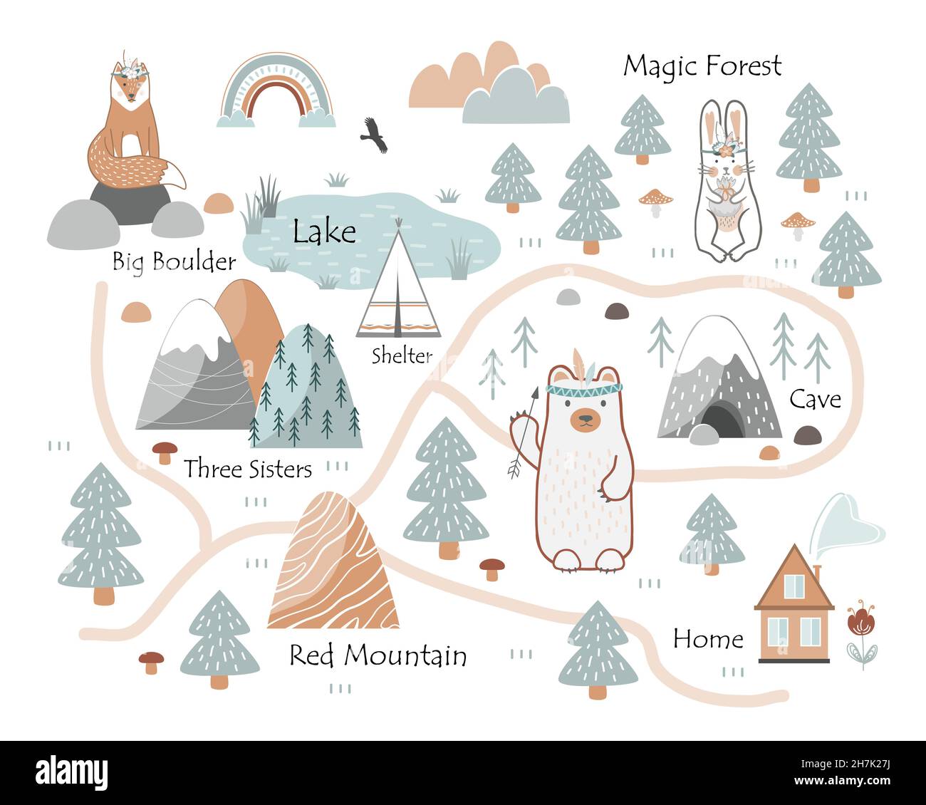 Kids adventure map with cute animals. Doodle art in Scandinavian Style ...