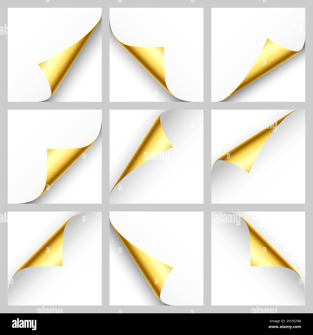 Realistic golden curled page corner set. Greeting card design element ...