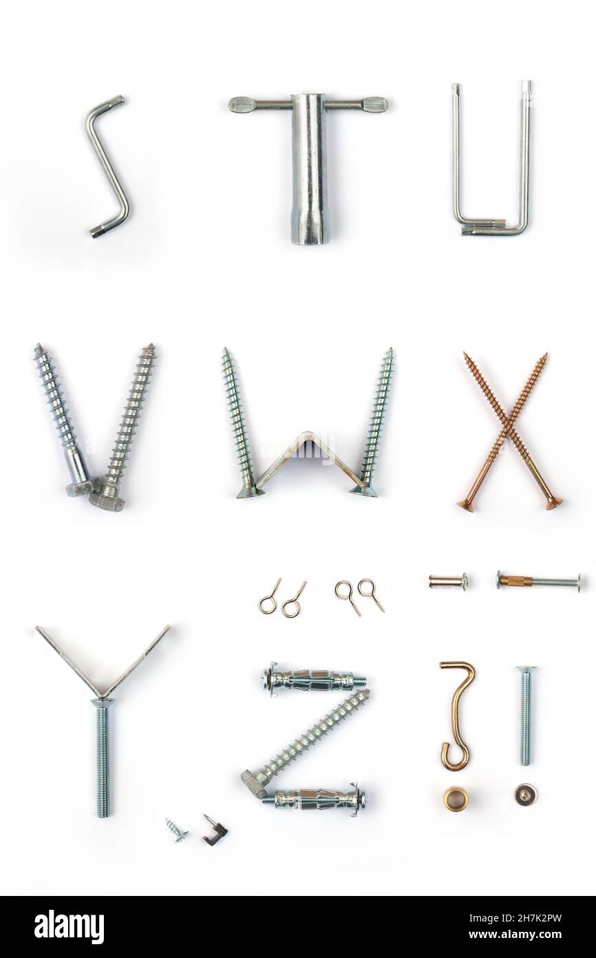 Industrial alphabet. Letters made of nails and screw Stock Photo - Alamy