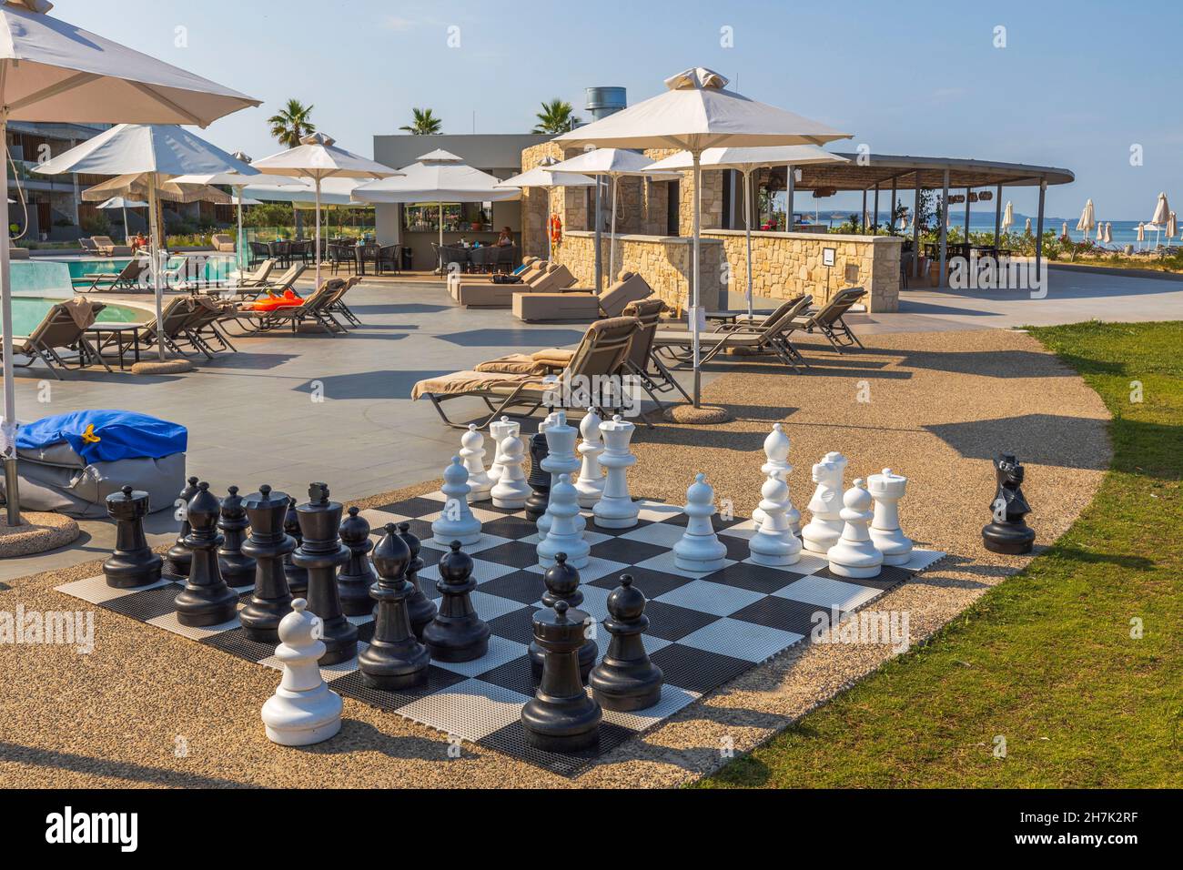 Beautiful view of big chess figures for outdoor activities near ...