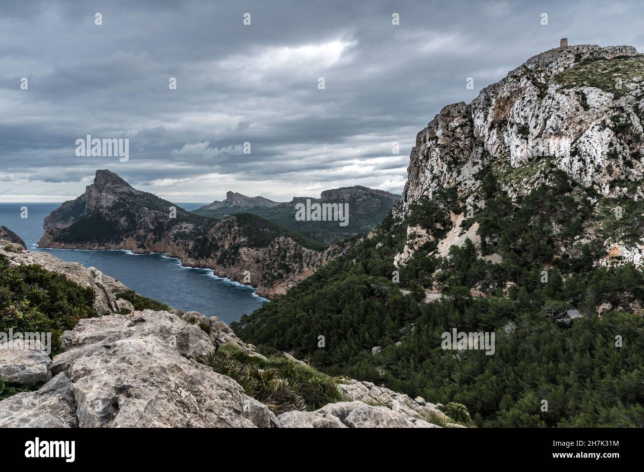 Panoramic view over the sea, cliffs, rocks and mountains of Cap de ...