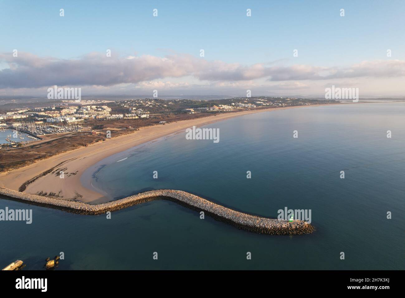 Aerial from the city Lagos in the Algarve Portugal at sunrise marina ...