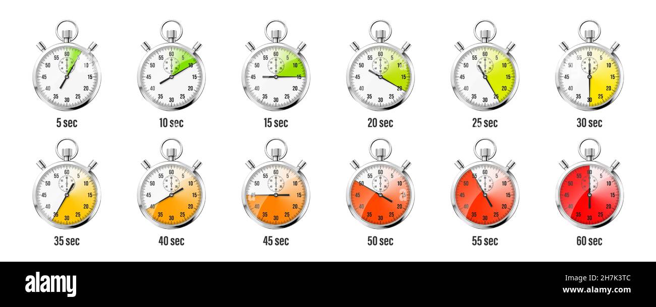 Realistic classic stopwatch icons. Shiny metal chronometer, time ...