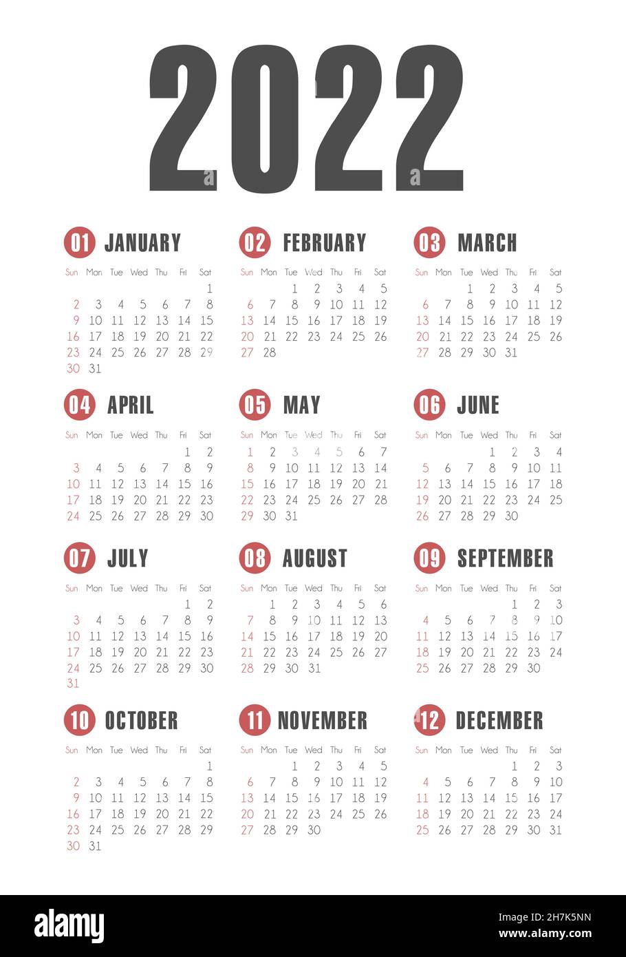 Calendar 2022 year. Black and white vector template. Week starts on ...