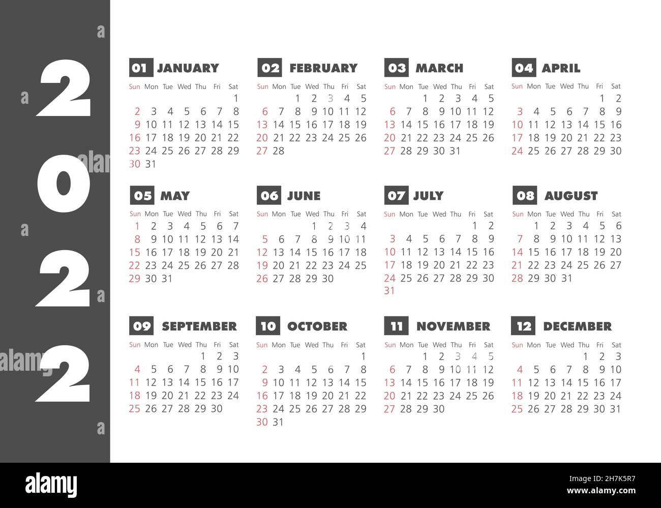 Calendar 2022 year. Black and white vector template. Week starts on ...