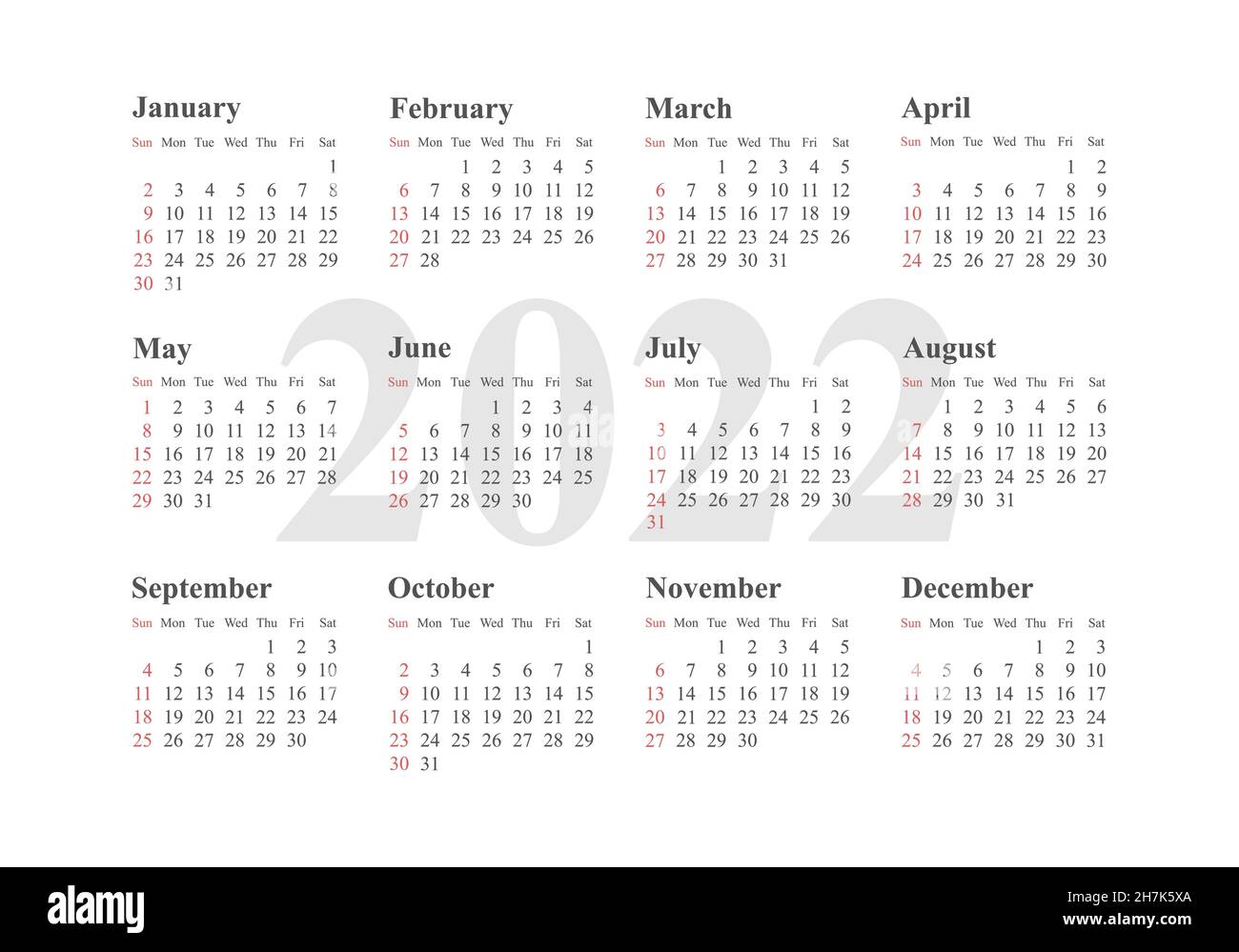 Calendar 2022 year. Black and white vector template. Week starts on ...