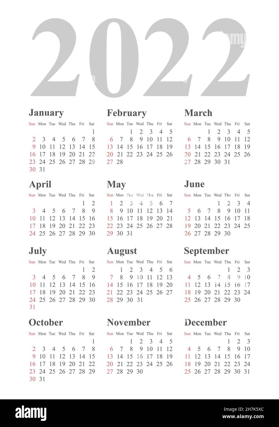 Calendar 2022 year. Black and white vector template. Week starts on ...