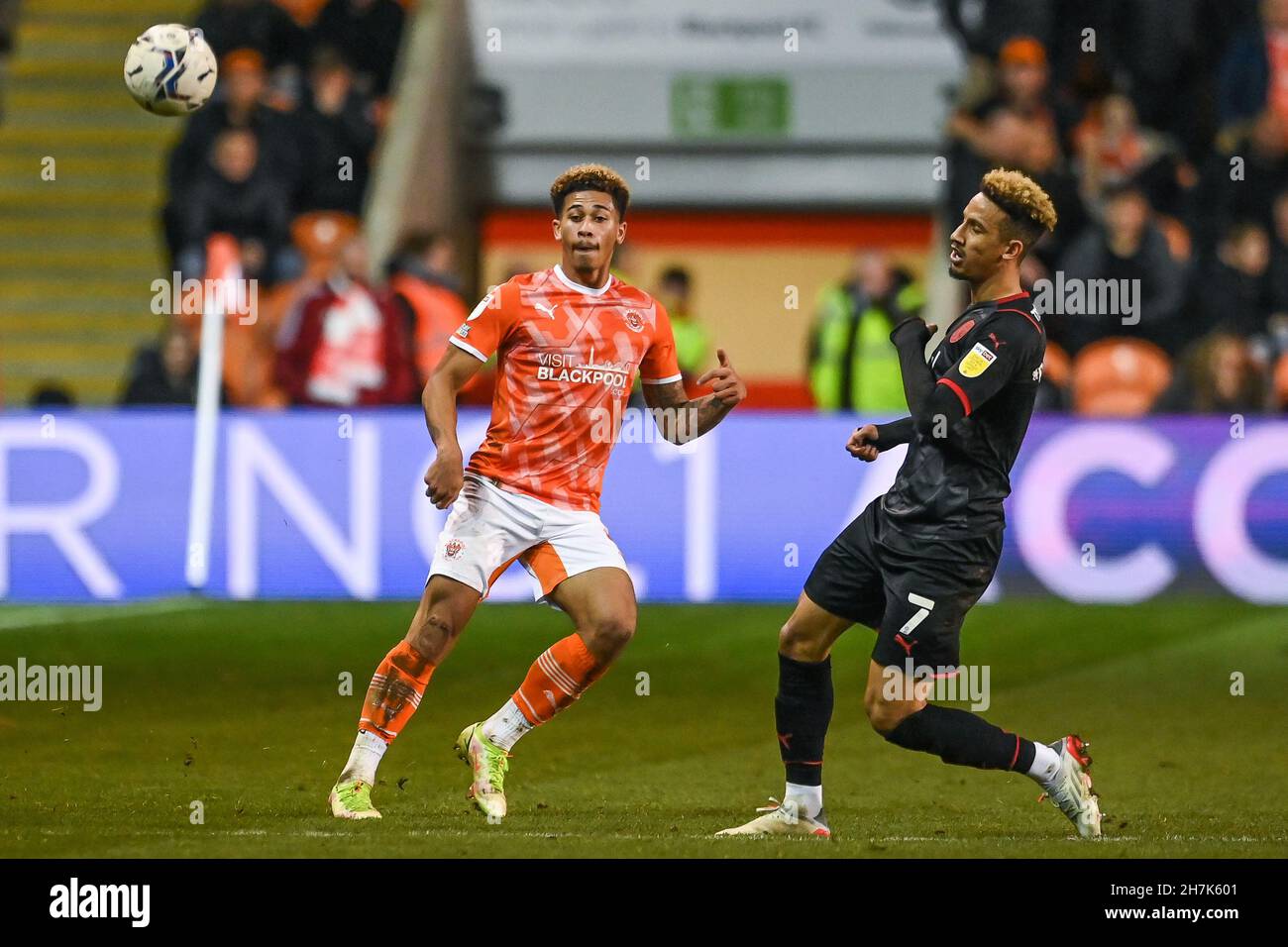 Jordan Lawrence-Gabriel #4 of Blackpool passes the ball down field ...