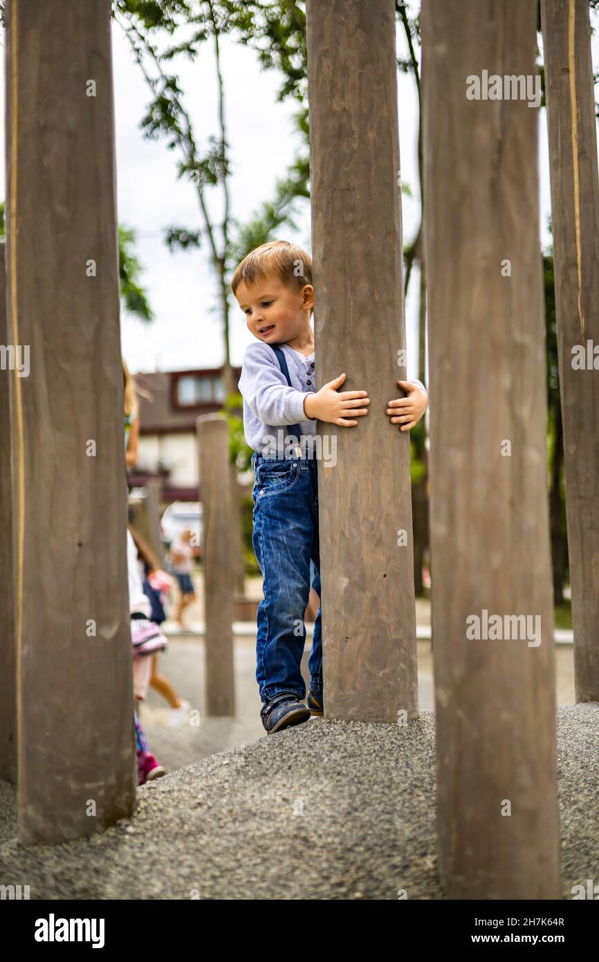 Cute baby boy hiding hugging tree trunk walking outdoor at forest park ...