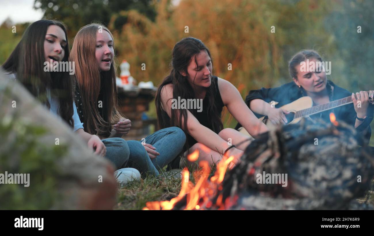 A group of friends with a guitar are sitting around the fire in the ...