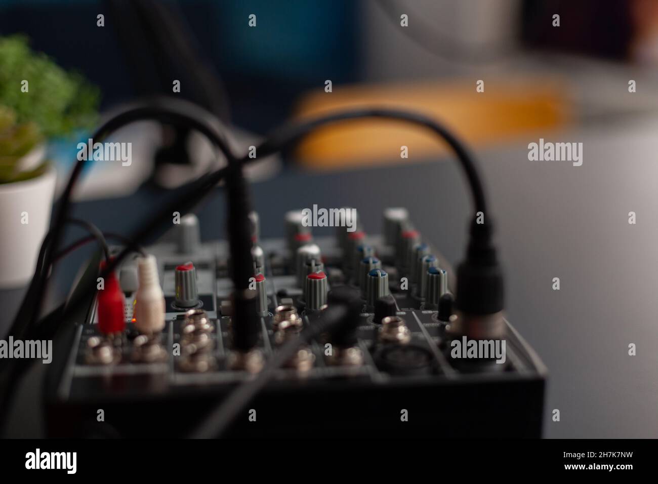 Closeup of professional recording equipment on desk. Audio mixer for ...