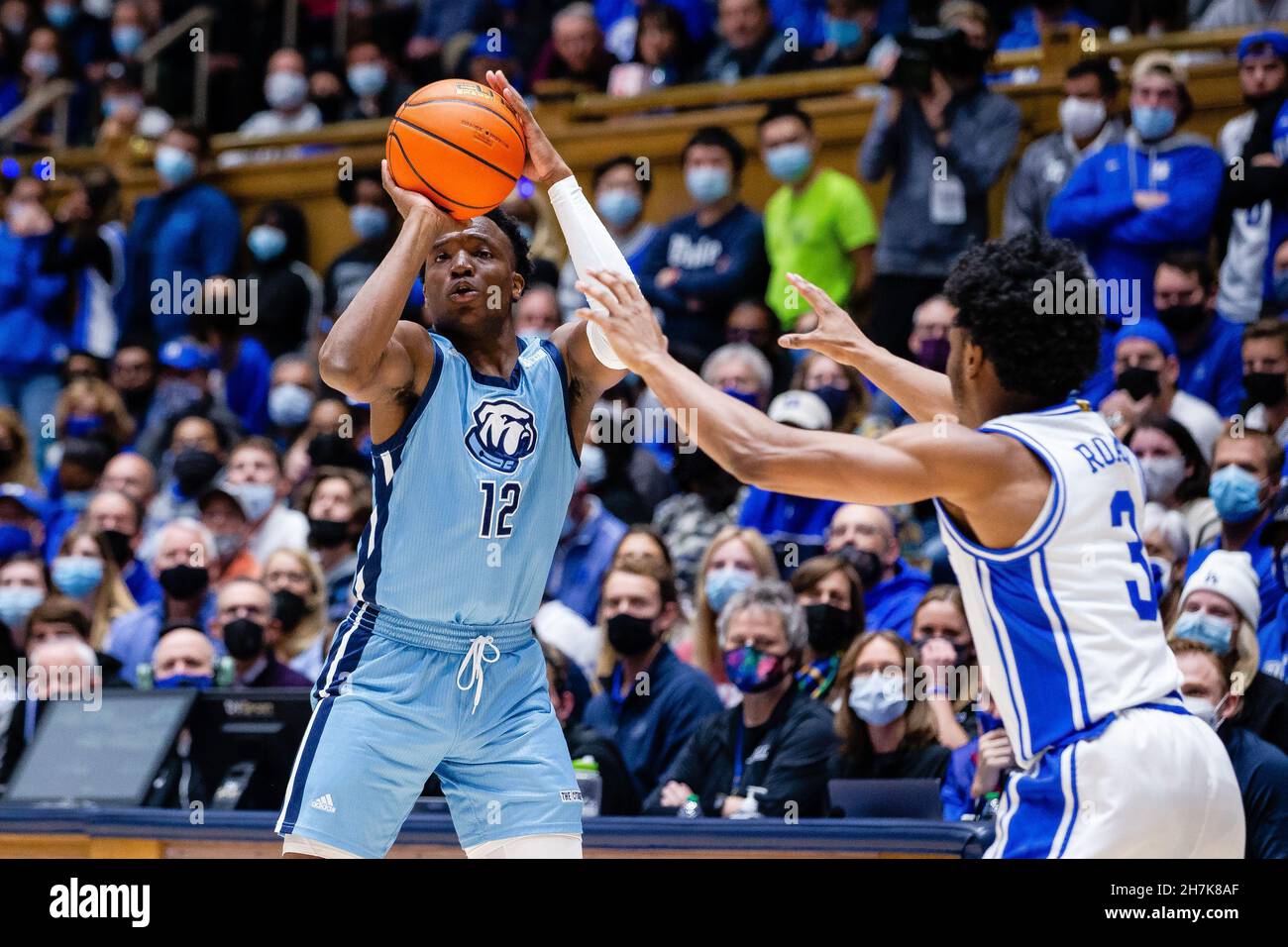 November 22, 2021: Citadel Bulldogs guard Brent Davis (12) shoots a three pointer over Duke Blue ...