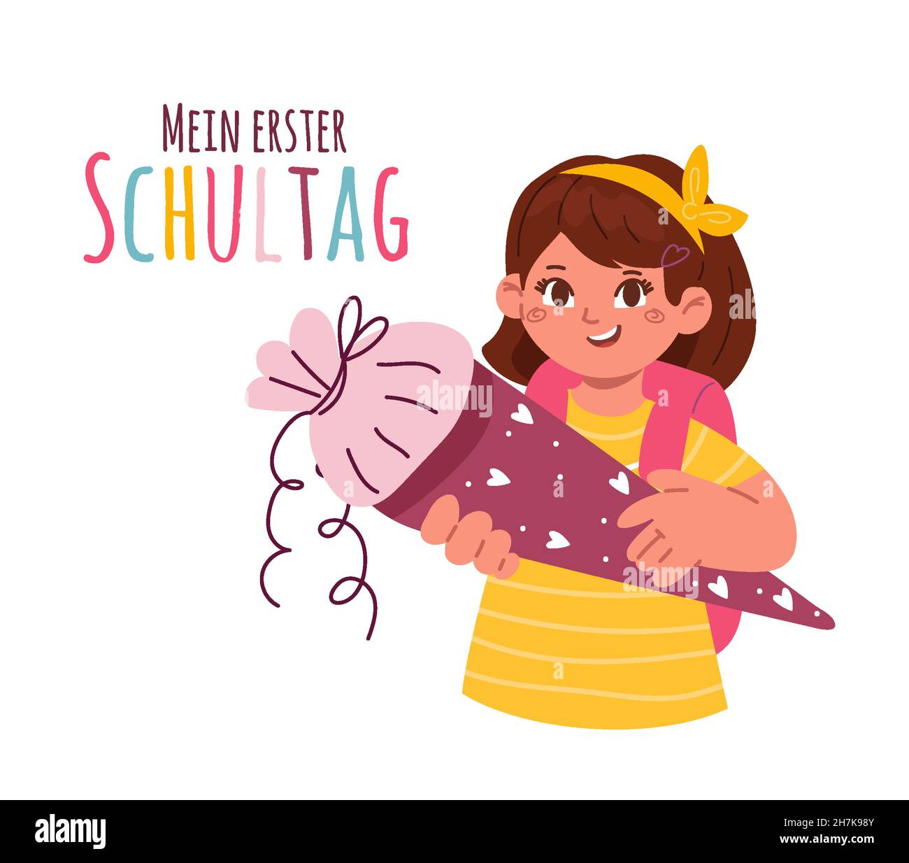 A happy first-grader girl holding a school cone,schultuete.Text in ...
