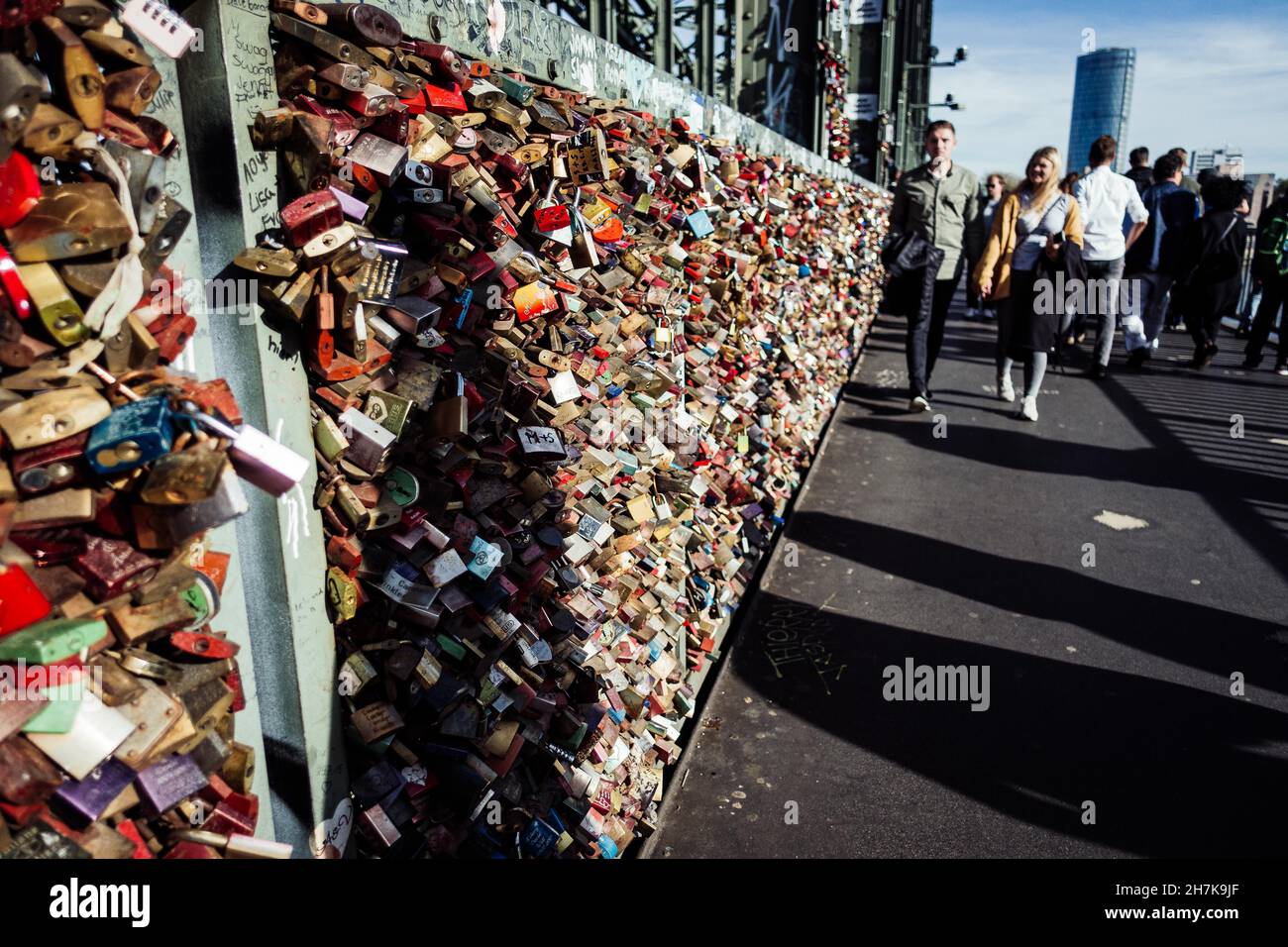 COLOGNE, GERMANY - Oct 09, 2019: A bridge with many different love ...