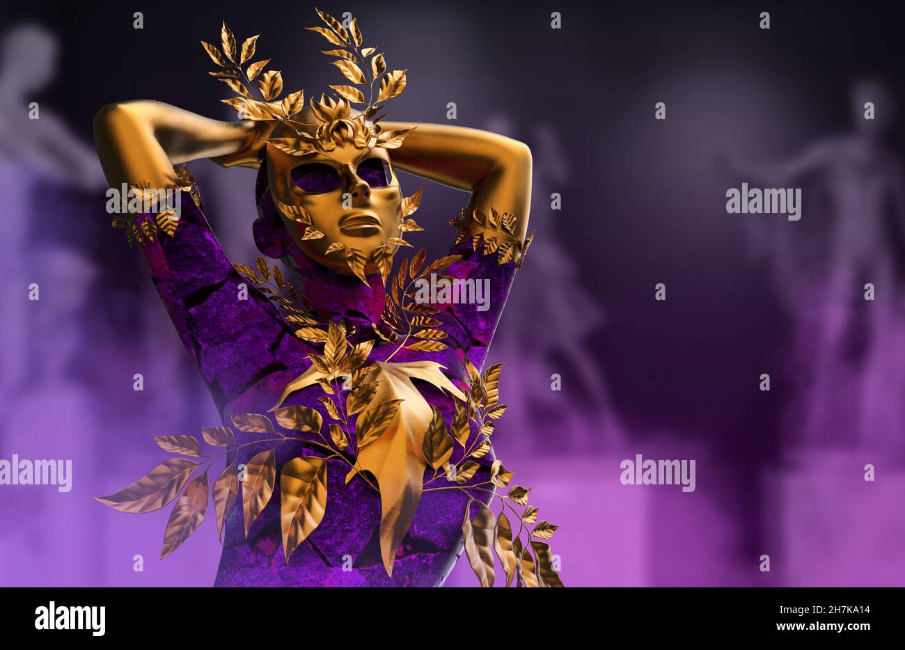 3d render illustration of female nature nymph goddess statue in golden ...