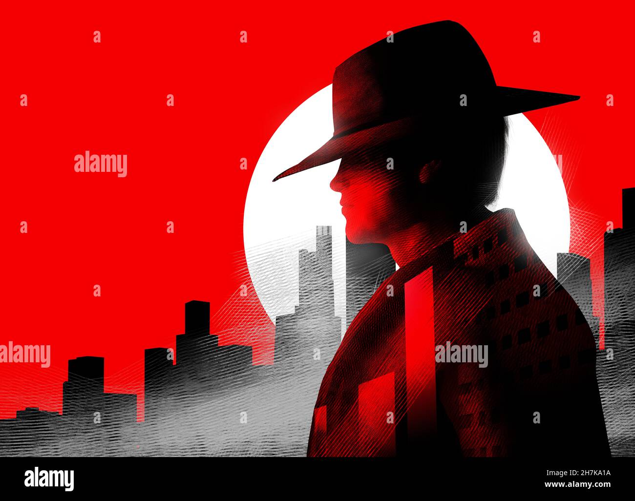 3d render profile portrait illustration of detective man in hat on red ...