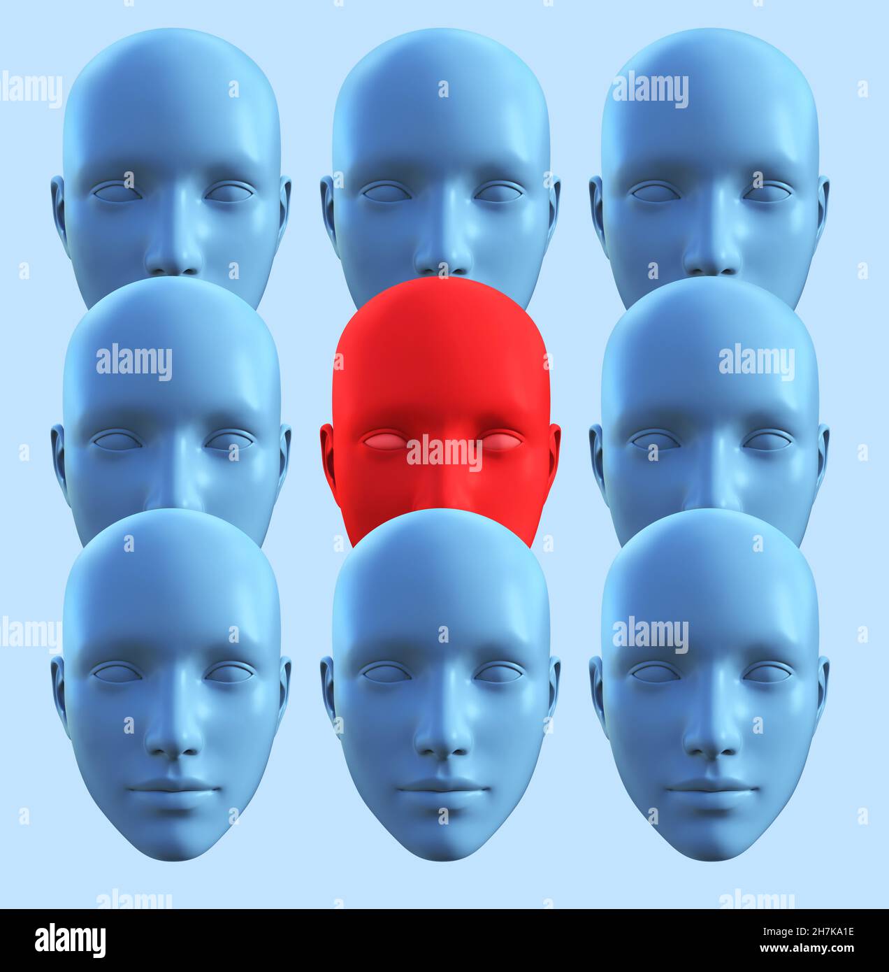 3d render illustration of blue colored human faces with red colored one ...