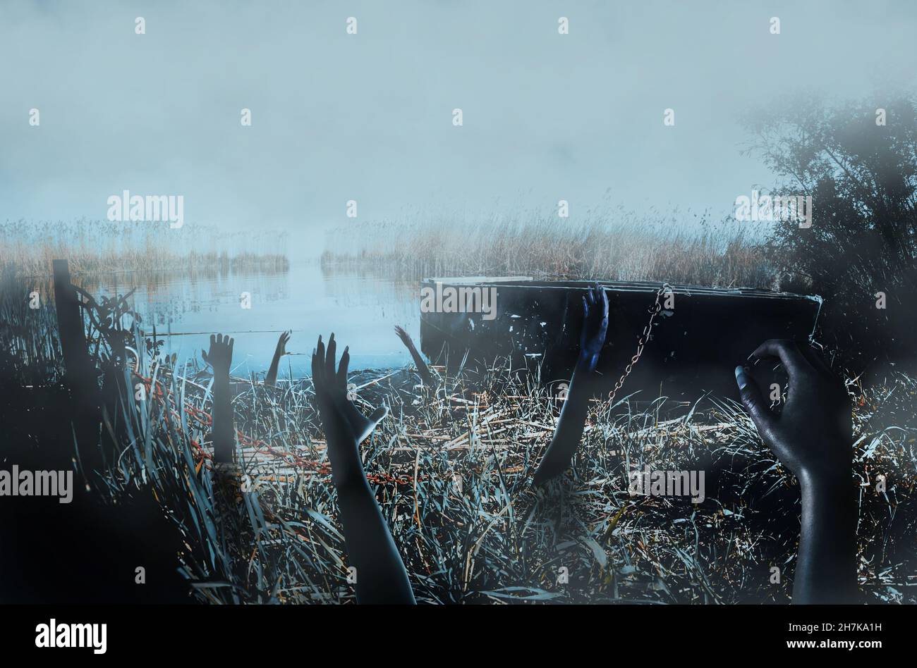 Photo of horror scary haunted foggy river shore with boat and ghost ...