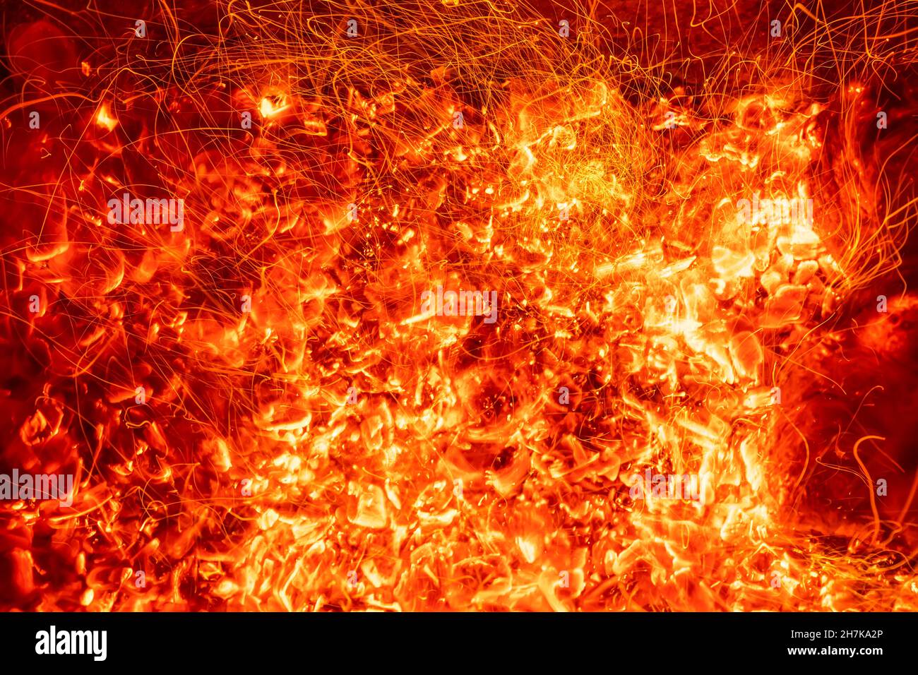Top above overhead detail view od abstract hot red burning wooden coal ...