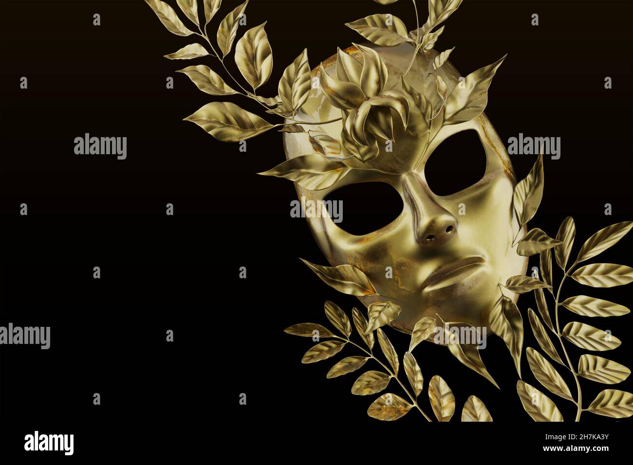 3d render illustration of female nature nymph goddess golden mask with ...