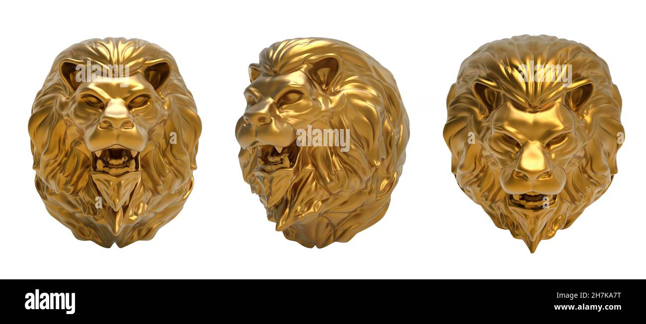 3d render illustration of golden metal lion head in different angles ...