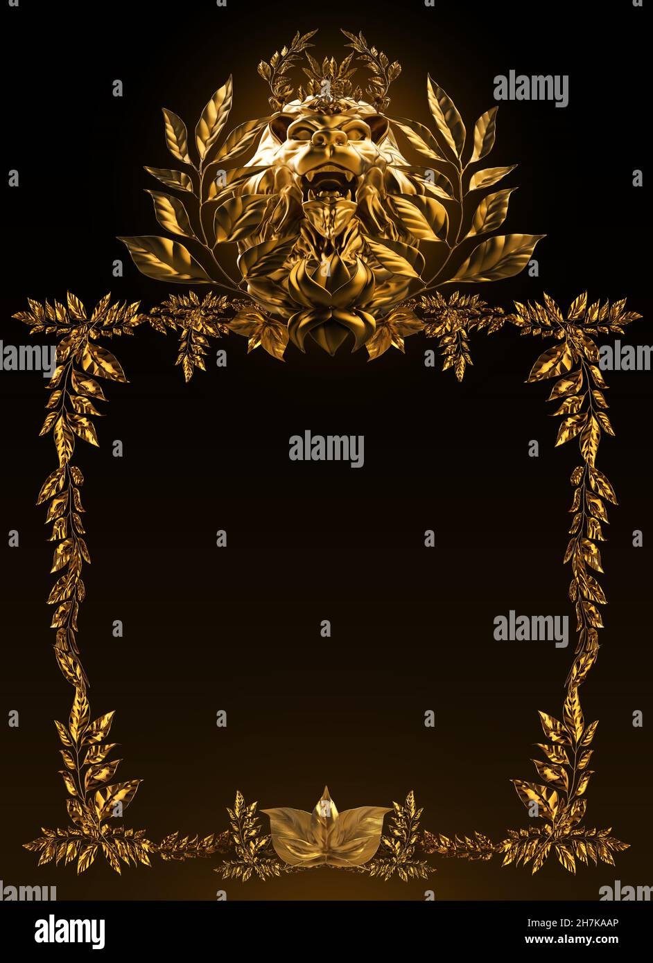 3d render illustration of metal golden lion head emblem with leafs on ...