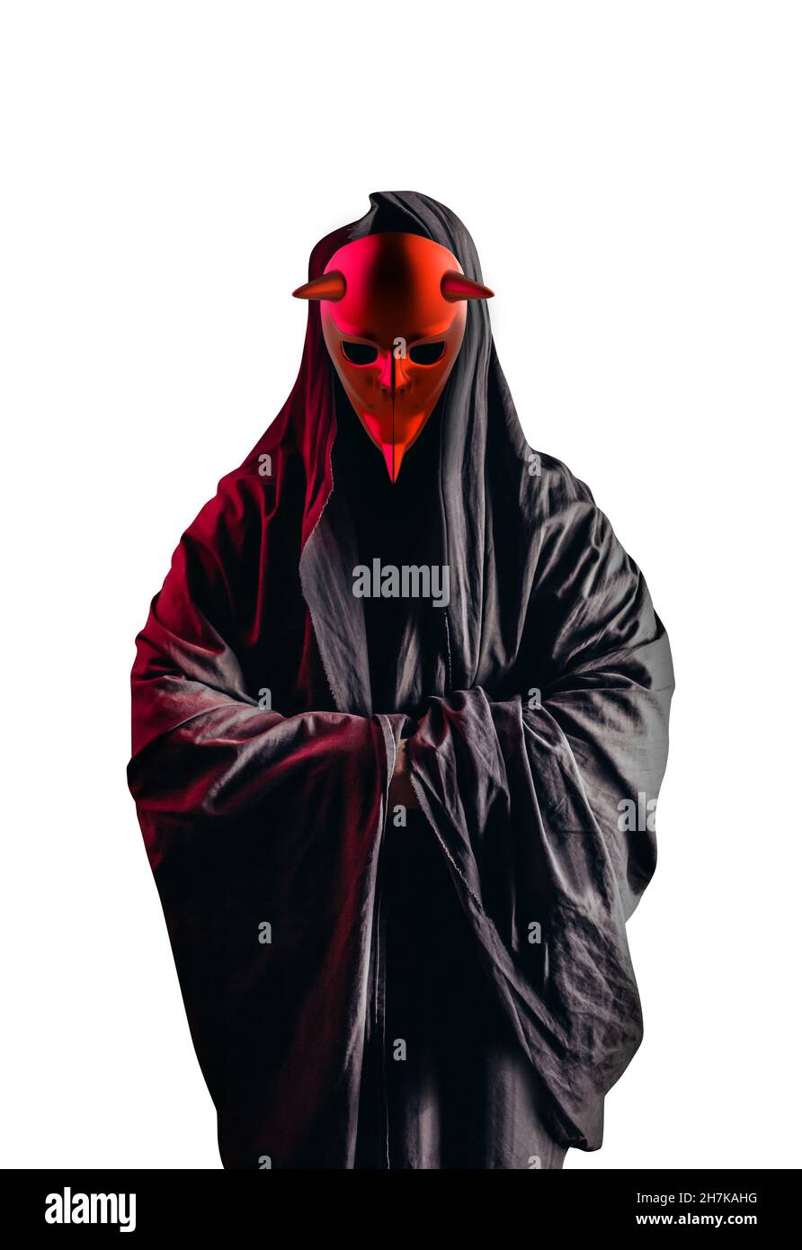 Isolated scary horror occult sectarian priest in black hood and metal ...