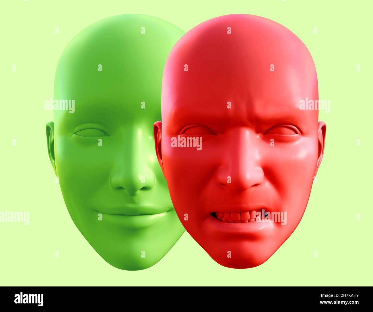 3d render illustration of human face happy and angry facial emotions ...
