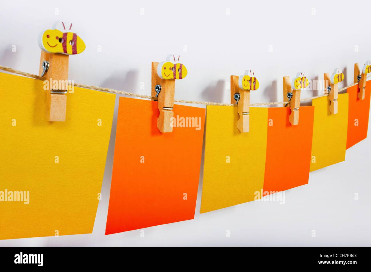 Photo of various paper notes hanging on rope with bee shaped pins on ...