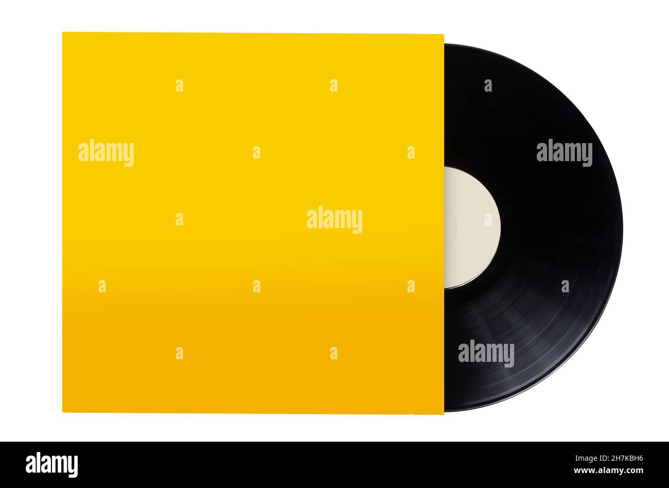 Photo of black vinyl plate with yellow cover laying on white background ...