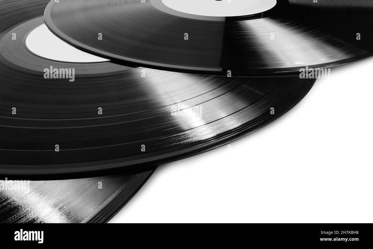 Photo of black vinyl plates laying on white background Stock Photo - Alamy