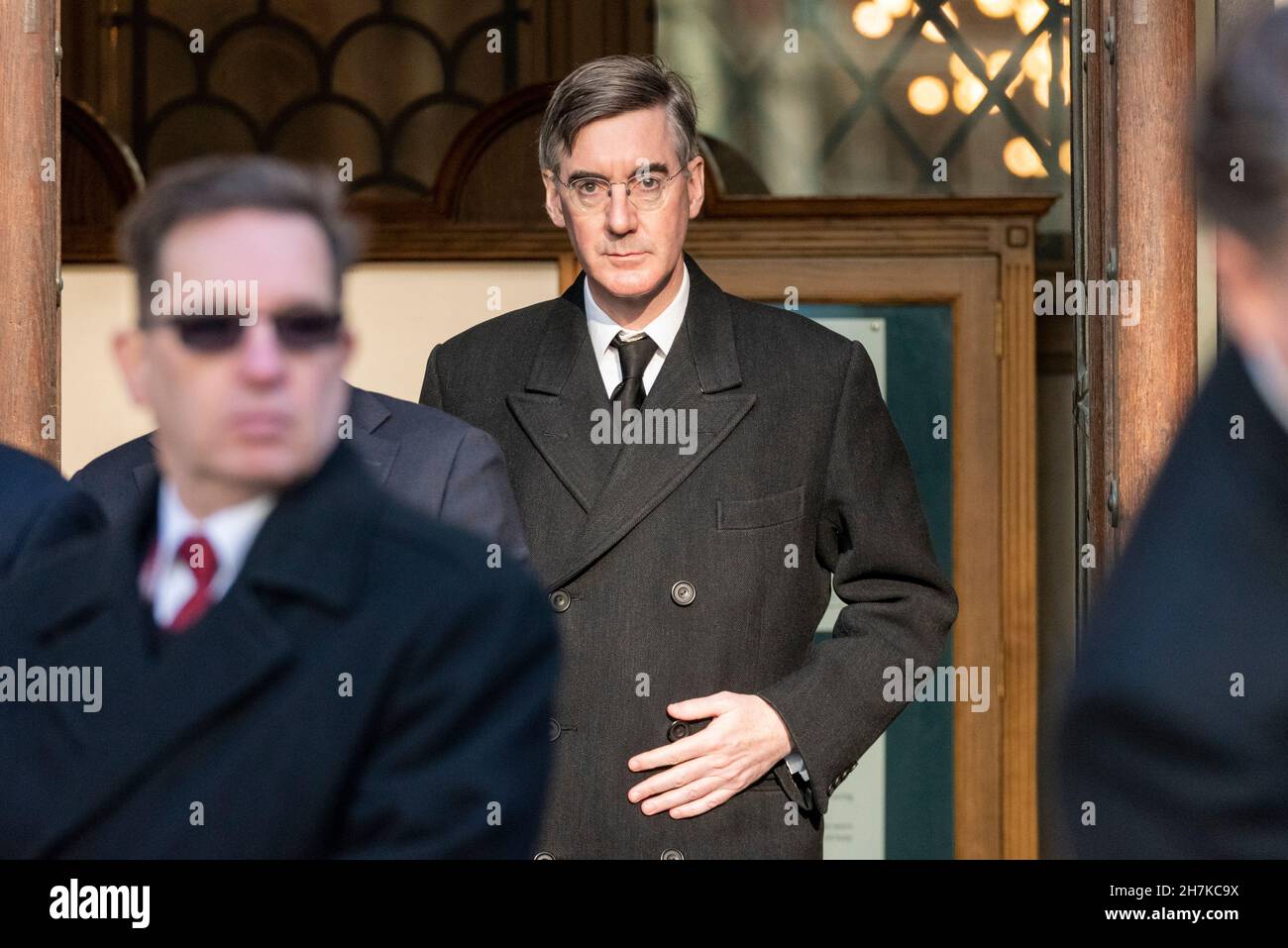 MP Jacob Rees-Mogg leaving Westminster Cathedral following the funeral ...