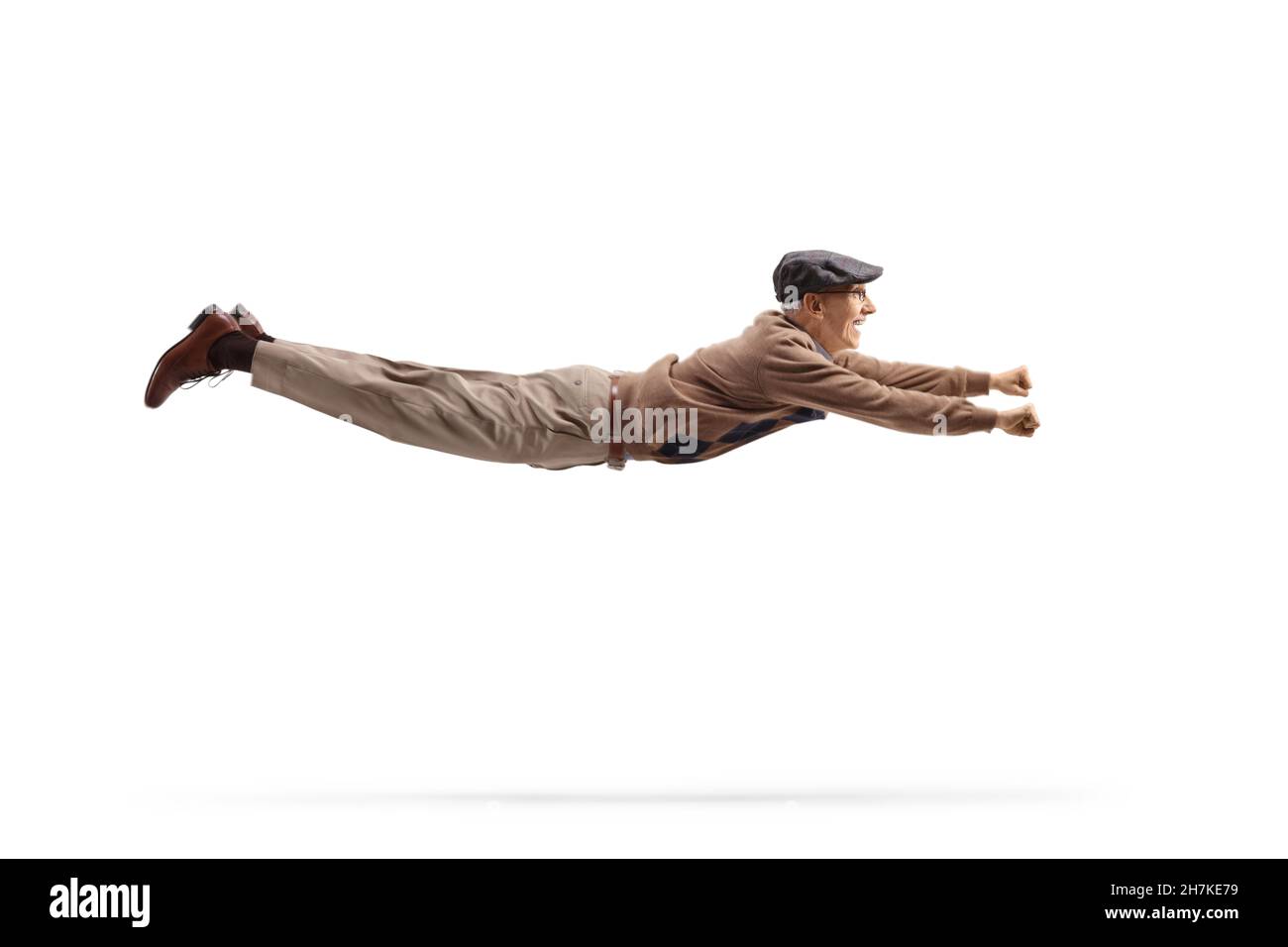 Elderly man flying like a superhero isolated on white background Stock ...
