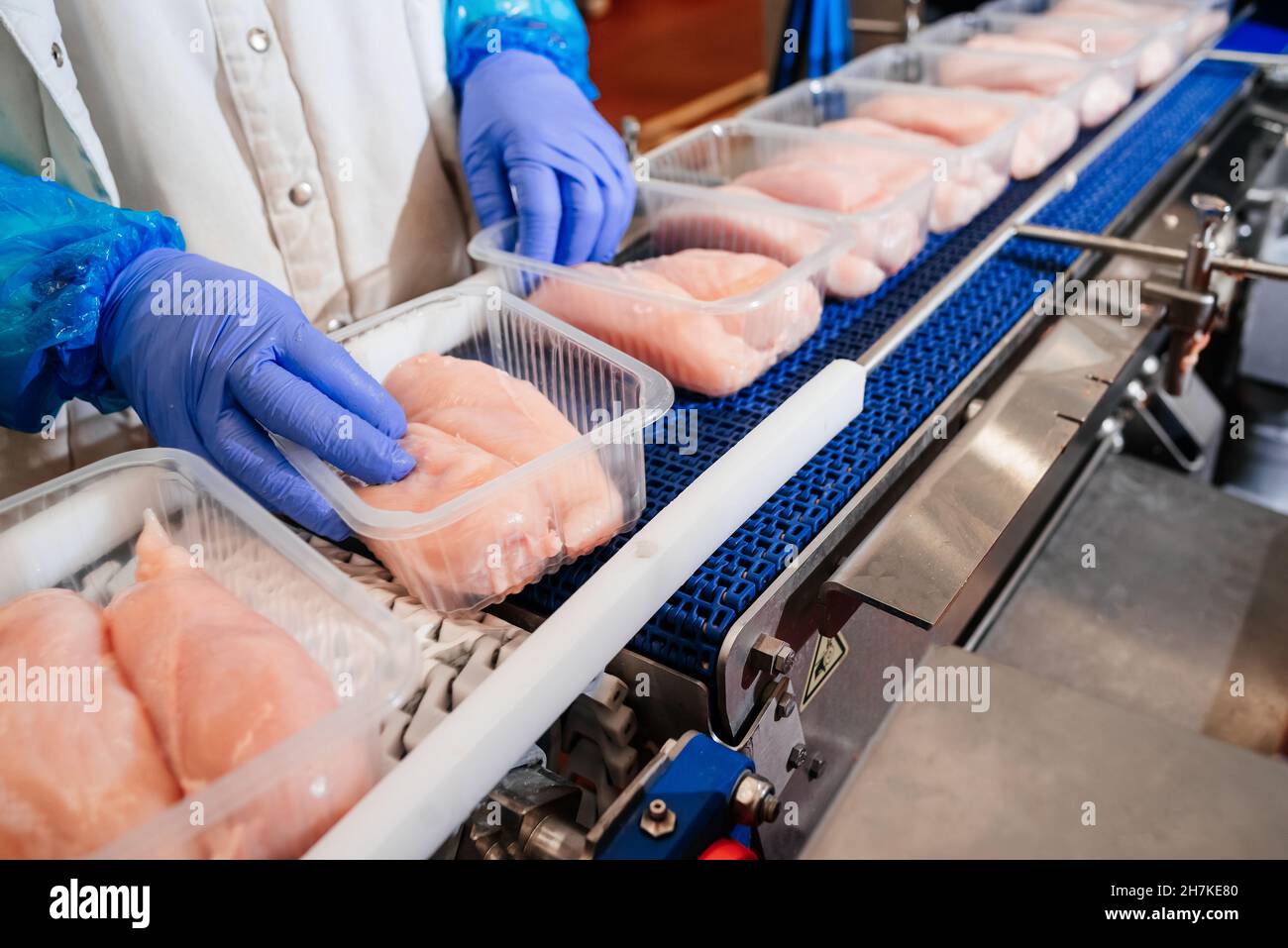 Meat processing,food industry.Packing of meat slices in boxes ,conveyor ...