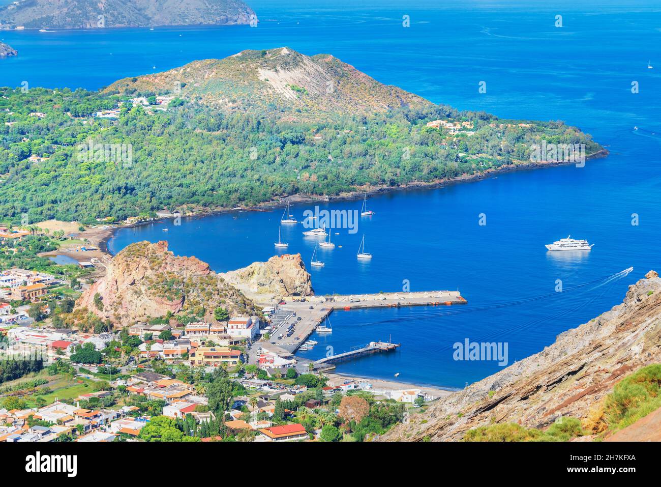 High angle view of Vulcanello and Levante harbour, Vulcano Island ...