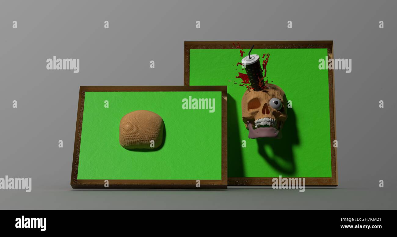 3D illustration of a wooden picture frame with green paper and a ...