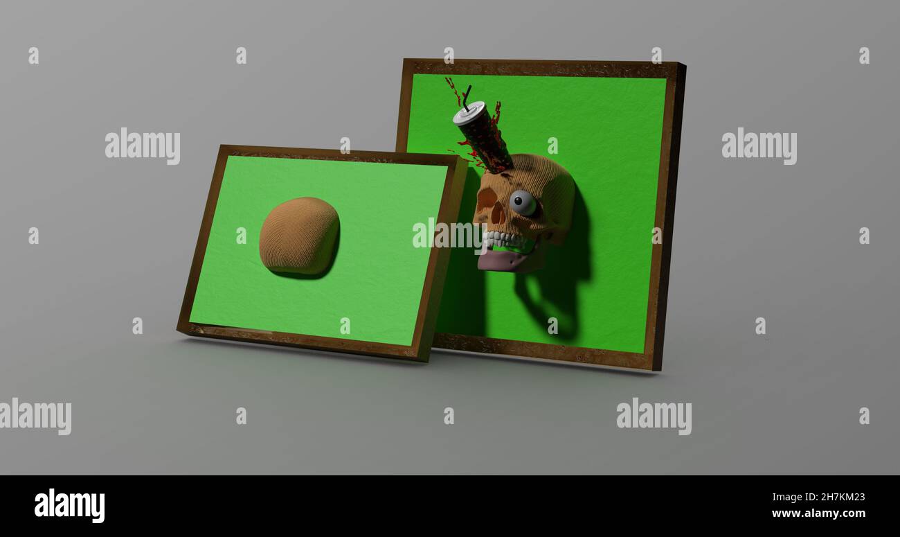3D illustration of a wooden picture frame with green paper and a ...