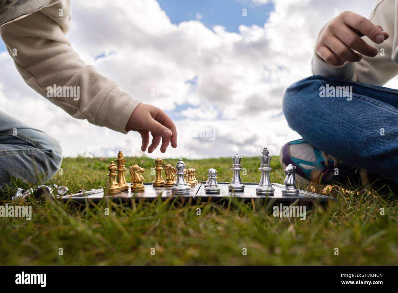Sisters playing chess while sitting on grass Stock Photo - Alamy