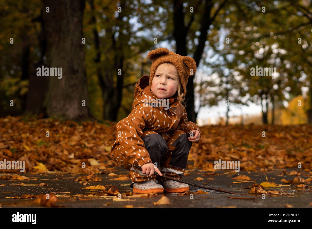 Toddler with stick playing at puddle Stock Photo - Alamy