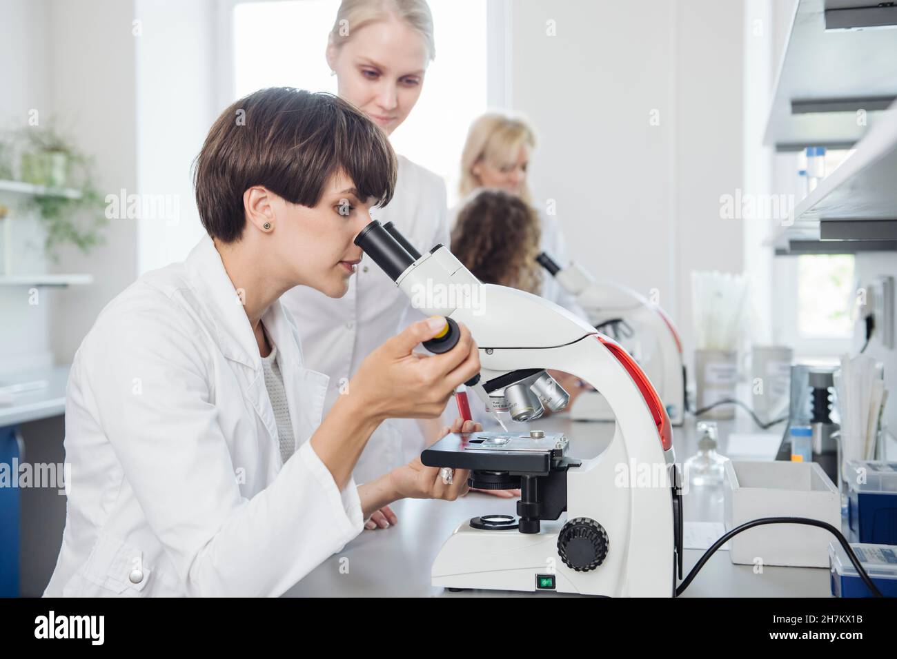 Scientist checking sample through microscope in laboratory Stock Photo ...
