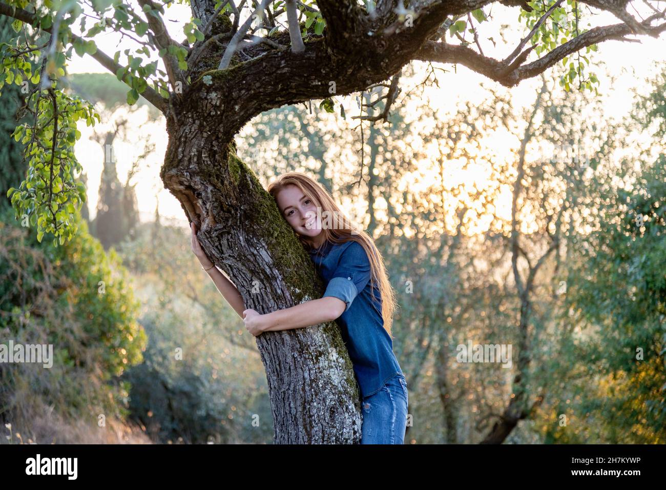 Smiling young woman hugging tree at countryside Stock Photo - Alamy