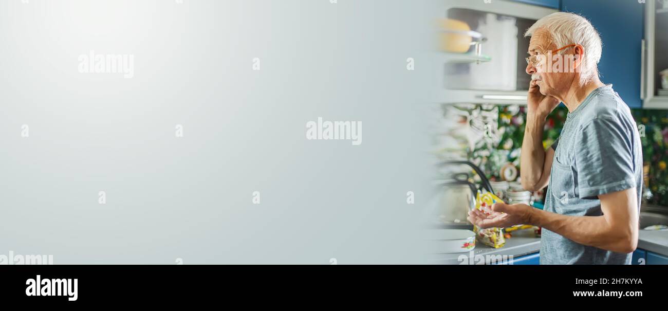 Old man with gray hair and a mustache, of the baby boomer generation ...