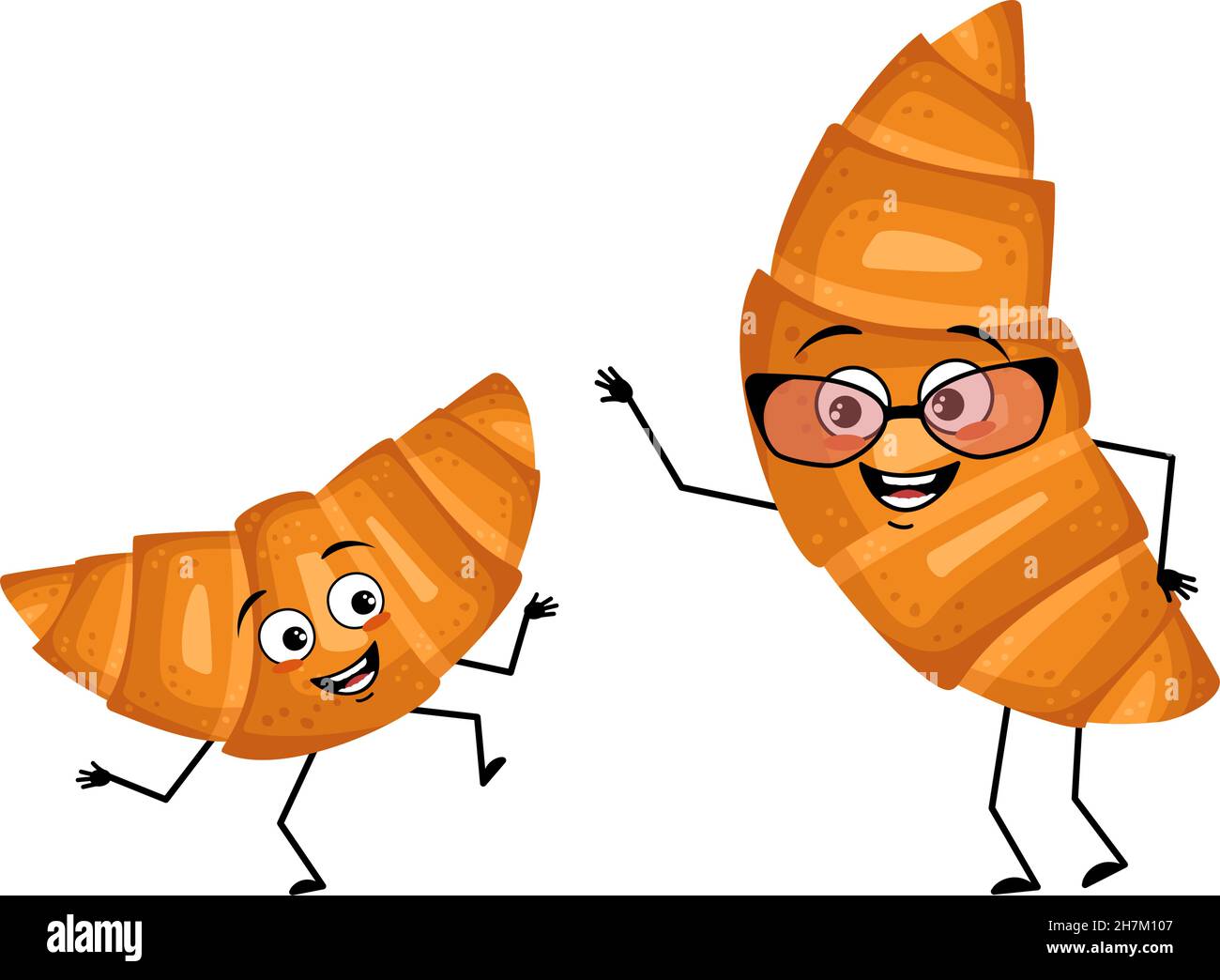 Cute croissant character with happy emotions, face, smile eyes, arms ...