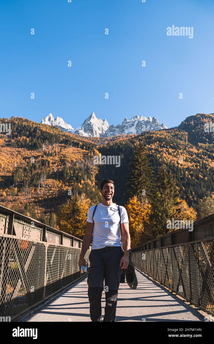 Mountain ranges by autumn forest on sunny day, Chamonix, France Stock ...