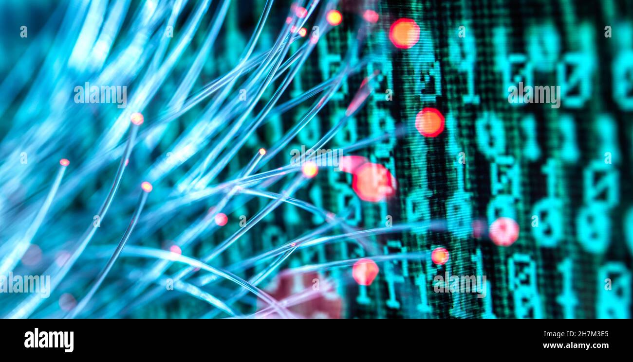 Fiber optics carrying computer virus attacking binary code Stock Photo ...