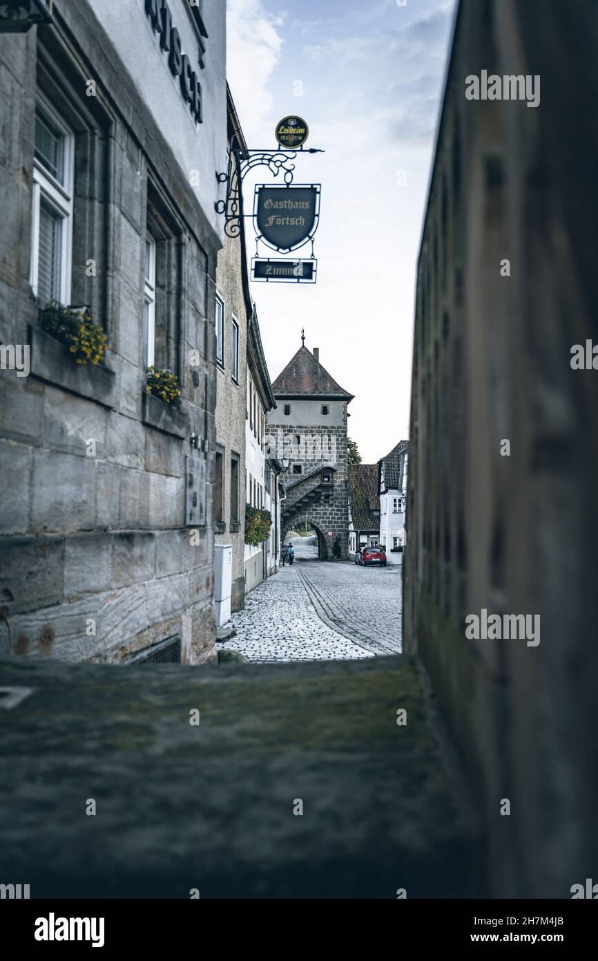 View of the Rothenberger city gate of the medieval town of Seßlach in ...