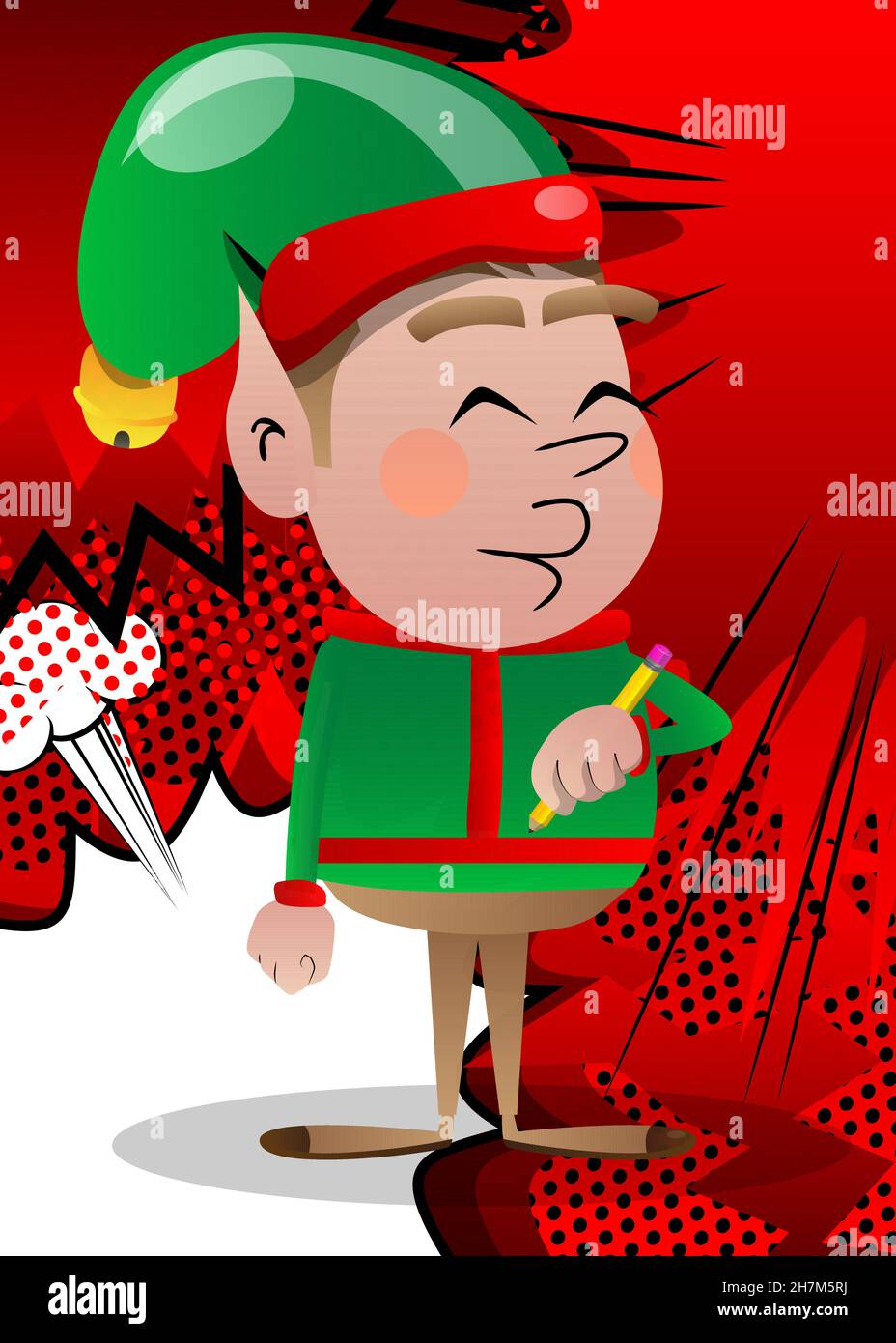 Christmas Elf writing with pencil. Vector cartoon character ...